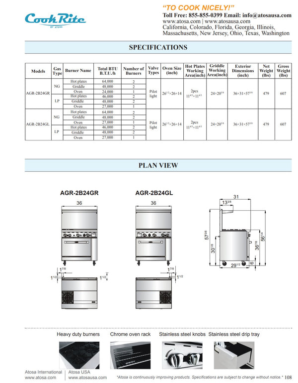 CookRite - AGR-2B24GL-LP Range, 36", 2 Burners, 24" Griddle (Liquid ...